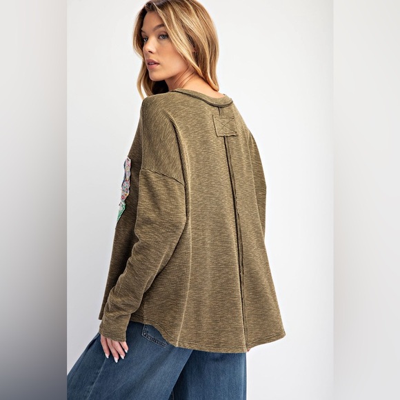 easel | Tops | 7 Easel Love Patch Long Sleeve Olive Green Long Sleeve ...